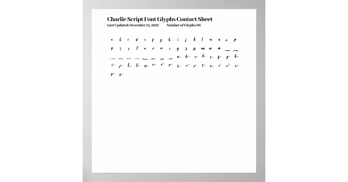 Charlie Script Font Glyphs Contact Sheet Poster | Zazzle