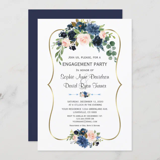 Charm Blue Blush Floral Gold Engagement Invitation | Zazzle