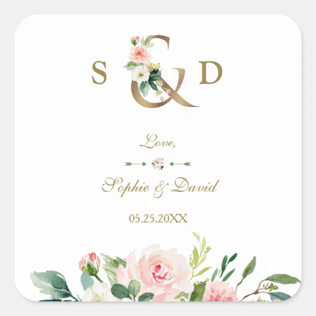 Charm Blush Floral Gold Ampersand Monogram Wedding Square Sticker | Zazzle