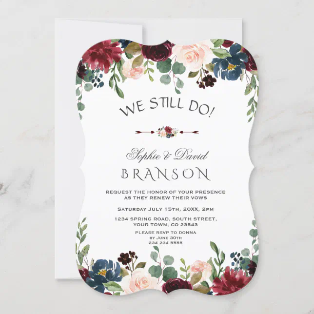Charm Burgundy Blue Blush Floral We Still Do Invitation | Zazzle
