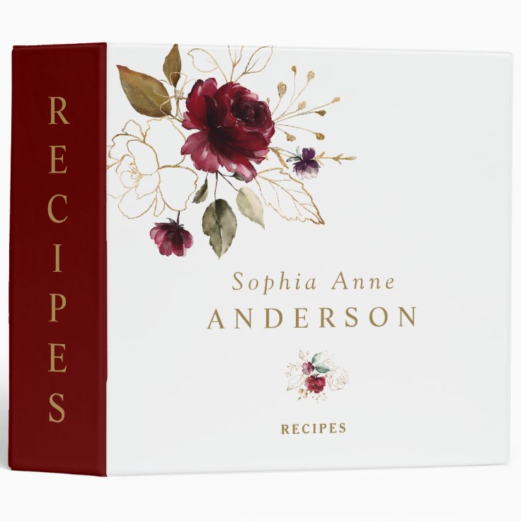 Charm Burgundy Gold Floral Monogram Recipes 3 Ring Binder | Zazzle