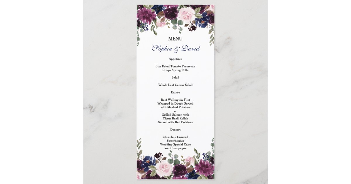 Charm Lavender Navy Blue Floral Bloom Menu | Zazzle