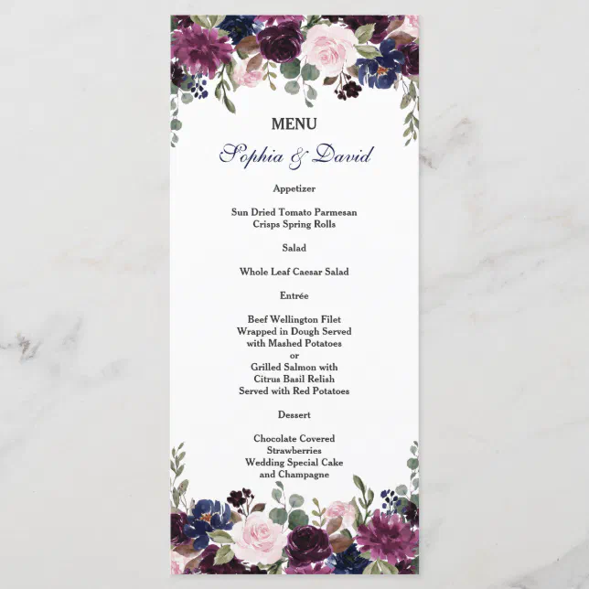 Charm Lavender Navy Blue Floral Bloom Menu | Zazzle