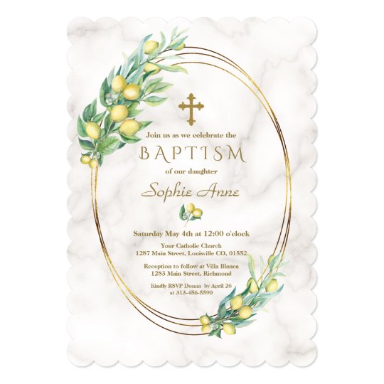 Charm Lemon Fruits Marble Gold Cross Baptism Invitation | Zazzle.com