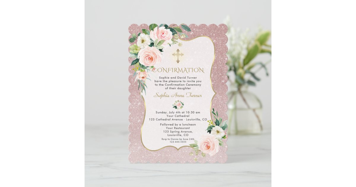 Charm Pink White Flowers Gold Girl Confirmation Invitation | Zazzle