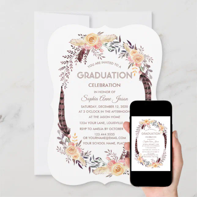 Charm Watercolor Boho Floral GRADUATION Invitation | Zazzle