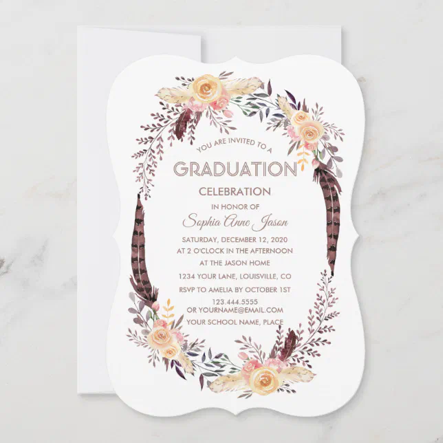 Charm Watercolor Boho Floral GRADUATION Invitation | Zazzle