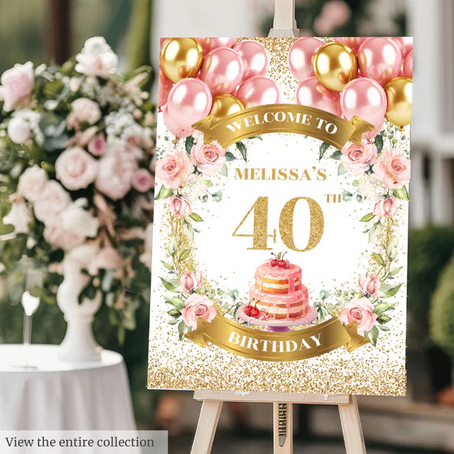 Charming 40th Birthday Blush Gold Party Poster | Zazzle