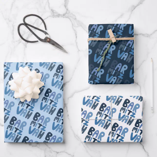Charming Bar Mitzvah Handlettering Jewish Blue Fun Wrapping Paper ...