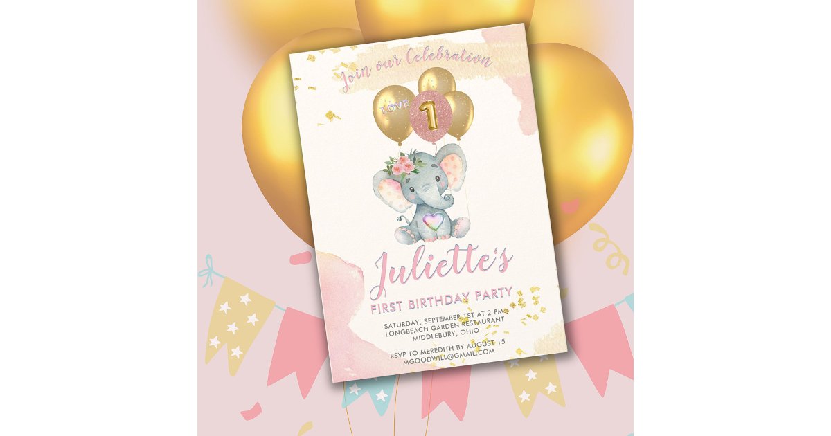Charming BUDGET Pink Elephant First Birthday Girl Invitation | Zazzle