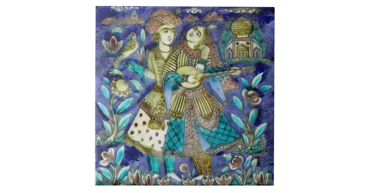 Charming Couple w/Bird, Lute Persian 1800s Repro Ceramic Tile | Zazzle