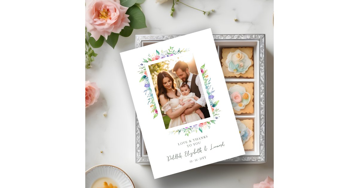 Charming Cute Floral Frame Christening Photo Thank You Card | Zazzle