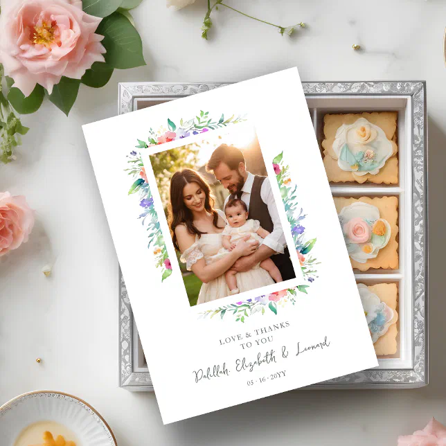 Charming Cute Floral Frame Christening Photo Thank You Card | Zazzle
