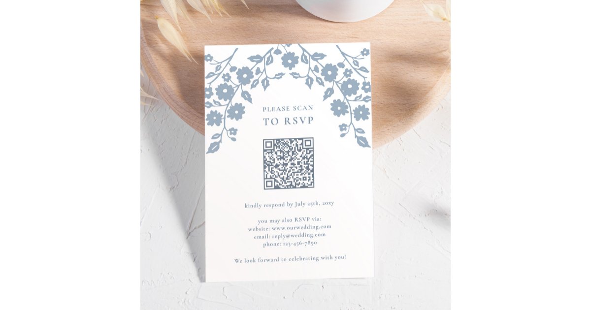 Charming Dusty Blue Folk Flowers Floral QR Code RSVP Card | Zazzle