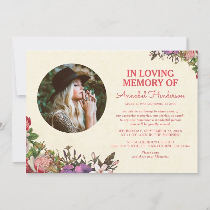 Charming floral In Loving Memory Photo Funeral Invitation | Zazzle