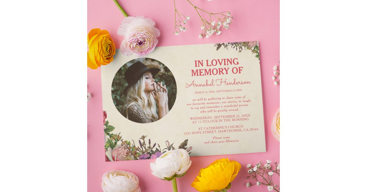 Charming floral In Loving Memory Photo Funeral Invitation | Zazzle