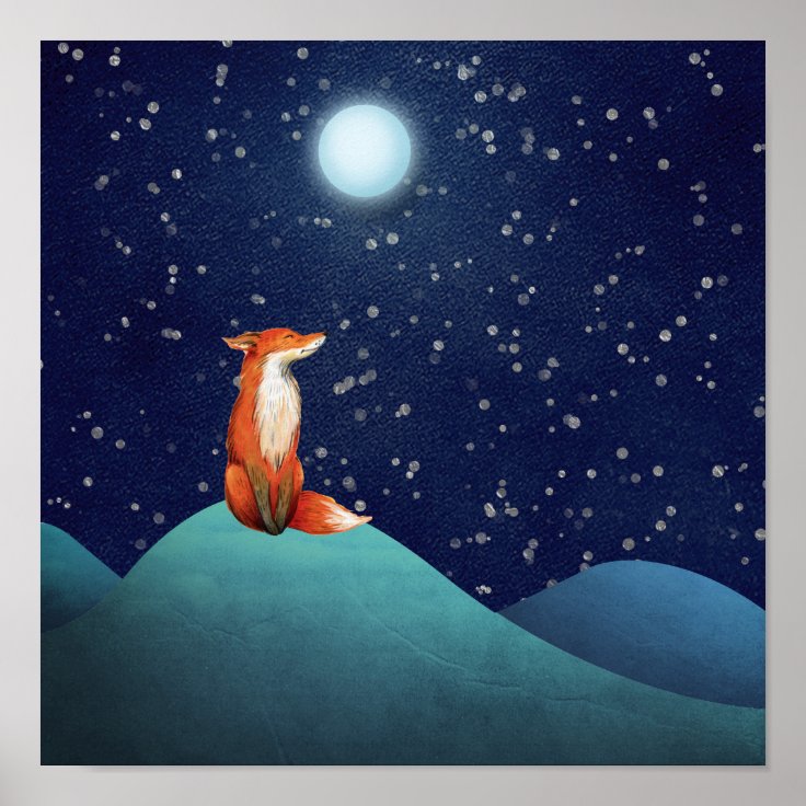 Charming Fox Sitting Under a Full Moon Poster | Zazzle