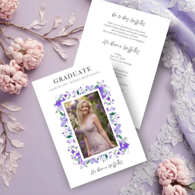 Charming Graceful Floral Graduation Lilac Photo Invitation | Zazzle