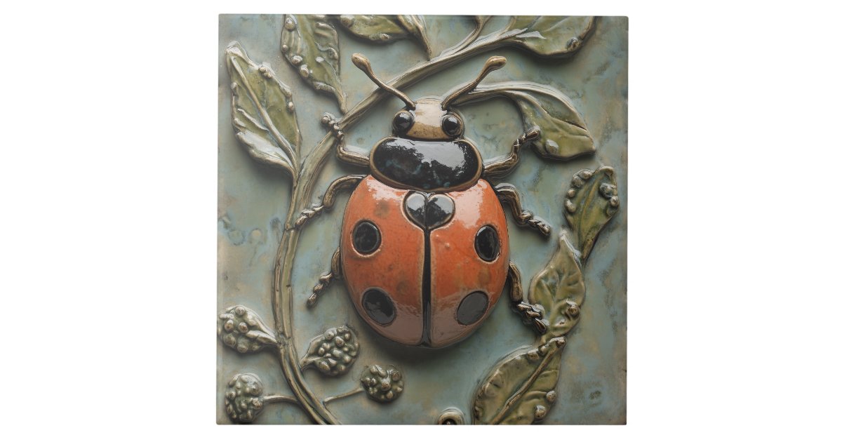 Charming Ladybug and Foliage Faux Relief Ceramic Tile | Zazzle