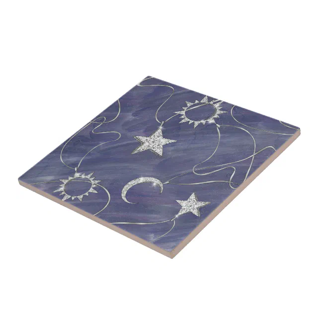 Charming Mystique | Silver Moon Stars Sun Amulet Ceramic Tile | Zazzle
