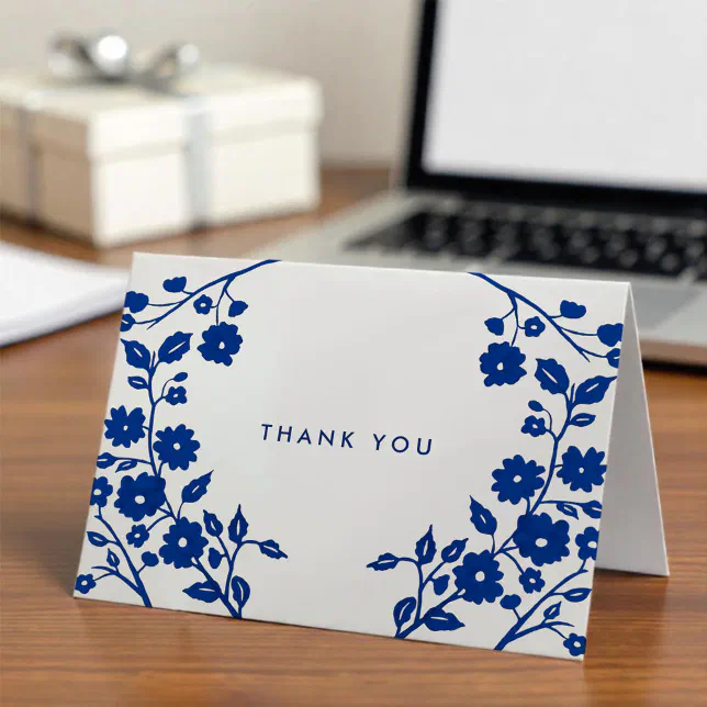 Charming Navy Blue Folk Flowers Thank You Custom Card | Zazzle