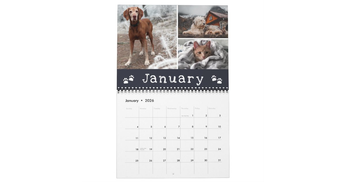 Charming Paw Prints Navy Months Pet Photo Collage Calendar | Zazzle