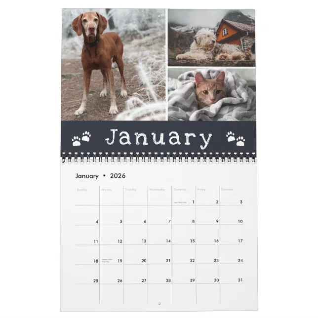 Charming Paw Prints Navy Months Pet Photo Collage Calendar | Zazzle