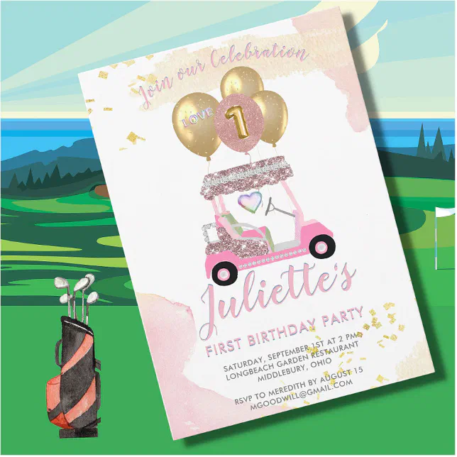 Charming Pink Golf Cart First Birthday Girl Invitation | Zazzle