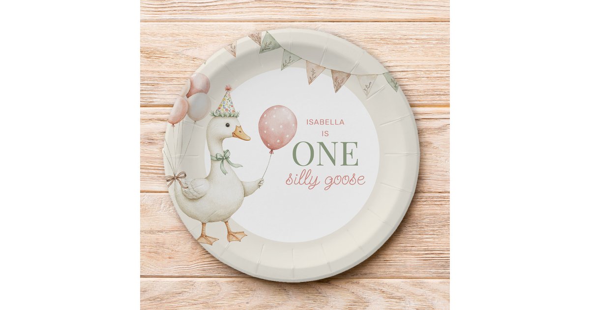 Charming Pink One Silly Goose 1st Birthday Party Paper Plates | Zazzle