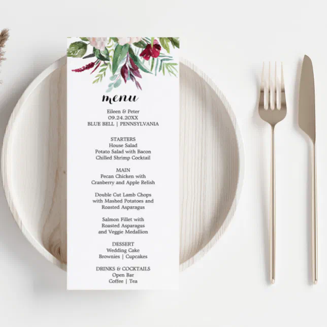 Charming Tropical Floral Greenery Dinner Menu Card | Zazzle