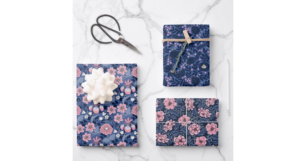 Charming Victorian-inspired Blue and Pink Floral Wrapping Paper Sheets ...