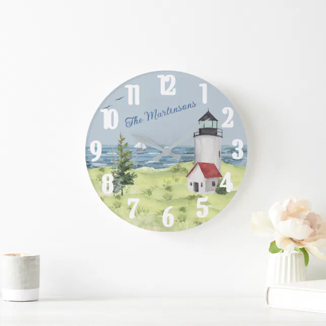Charming Watercolor Lighthouse Coastal Scene Name Large Clock | Zazzle