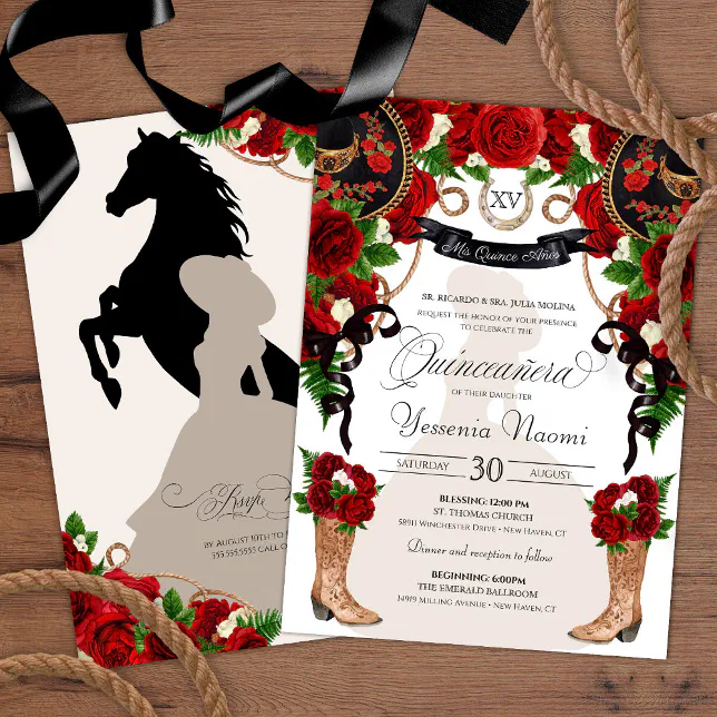 Charra Quinceanos Western Red Roses Black Mariachi Invitation | Zazzle