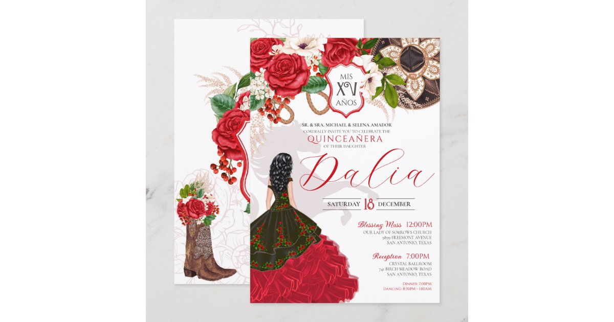 Charro Quinceañera Red Rose Western Princess Gown Invitation | Zazzle