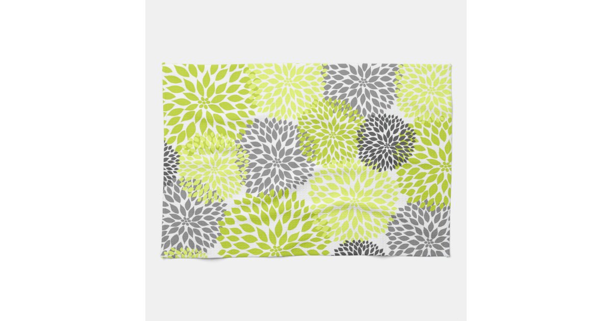Chartreuse and Gray Floral Kitchen Tea Towel | Zazzle