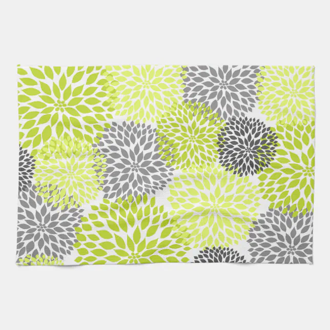 Chartreuse and Gray Floral Kitchen Tea Towel | Zazzle