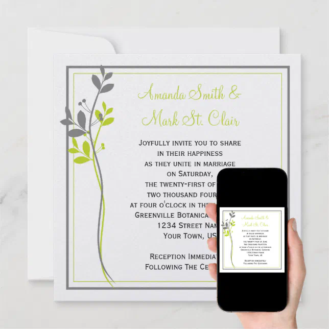 Chartreuse Gray Floral Swirls Wedding Invitation | Zazzle
