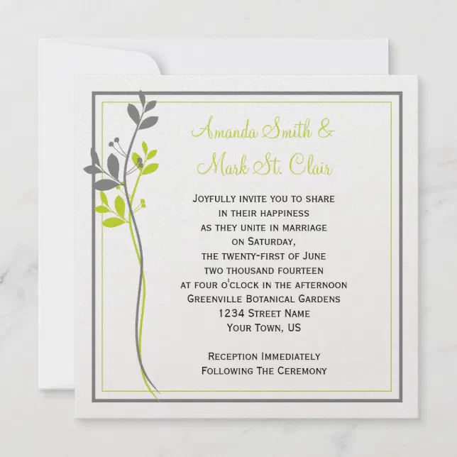 Chartreuse Gray Floral Swirls Wedding Invitation | Zazzle