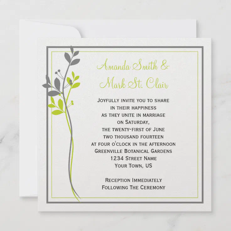 Chartreuse Gray Floral Swirls Wedding Invitation | Zazzle