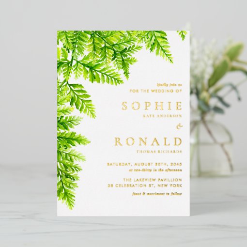 Chartreuse Green Fern Leaves Woodland Wedding Foil Invitation | Zazzle