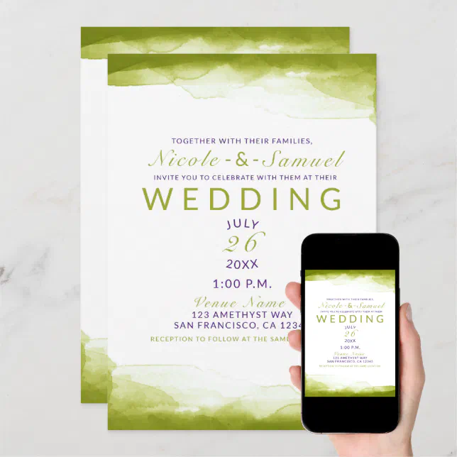 Chartreuse Green Watercolor Chic Modern Wedding Invitation | Zazzle