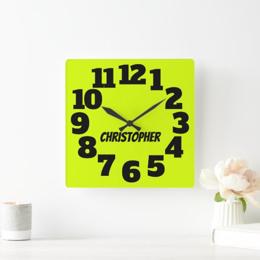 Chartreuse Neon Yellow-Green Big Numbers Square Wall Clock | Zazzle