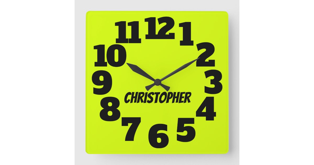 Chartreuse Neon Yellow-Green Big Numbers Square Wall Clock | Zazzle