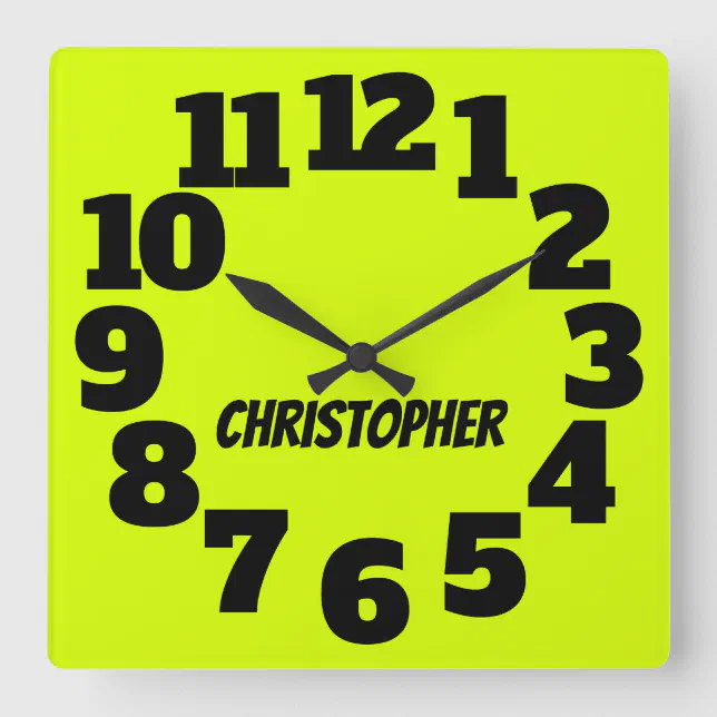 Chartreuse Neon Yellow-Green Big Numbers Square Wall Clock | Zazzle