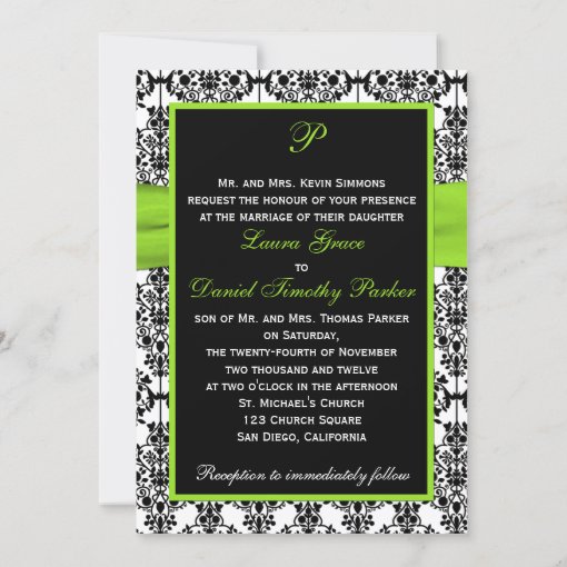 Chartreuse, White, Black Damask Wedding Invitation | Zazzle