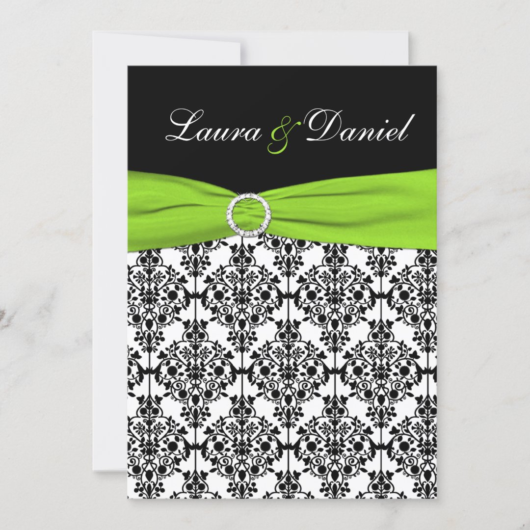 Chartreuse, White, Black Damask Wedding Invitation | Zazzle