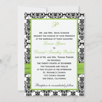 Chartreuse, White, Black Damask Wedding Invitation | Zazzle