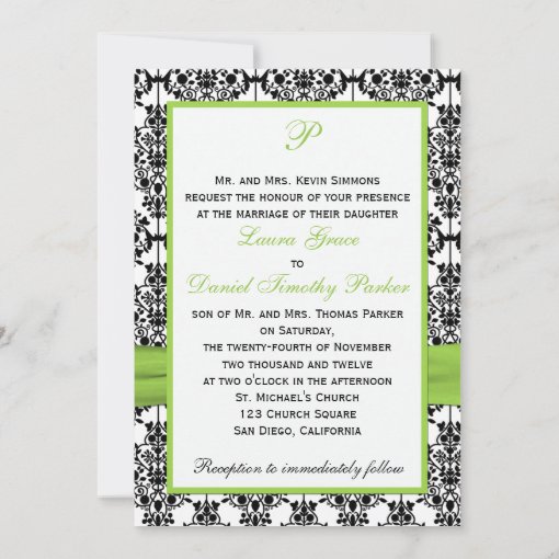 Chartreuse, White, Black Damask Wedding Invitation | Zazzle