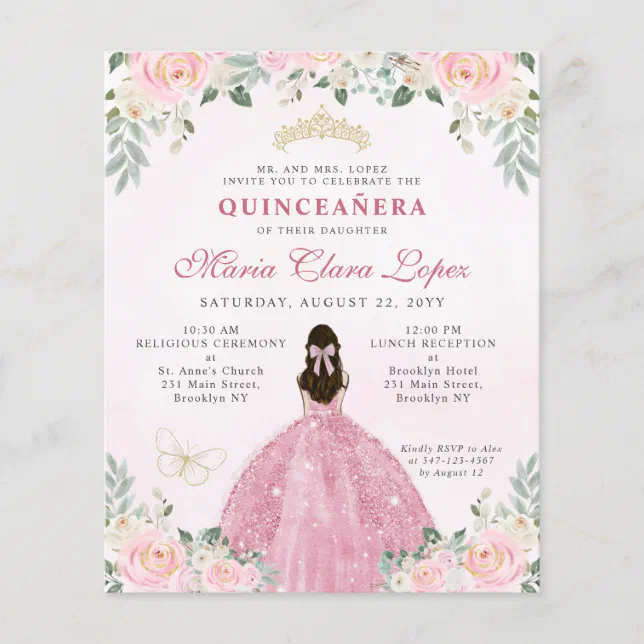 Cheap Blush Pink Gold Floral Princess Quinceañera Flyer | Zazzle
