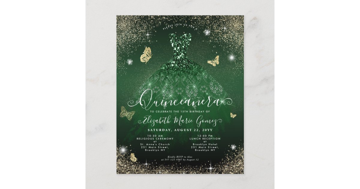 Cheap Emerald Green Gold Gown Quinceanera Card Flyer | Zazzle